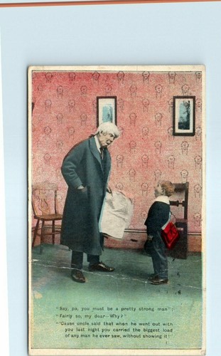 Postcard - "Say, pa, you must be a pretty strong man"; "Fairly so, my ...