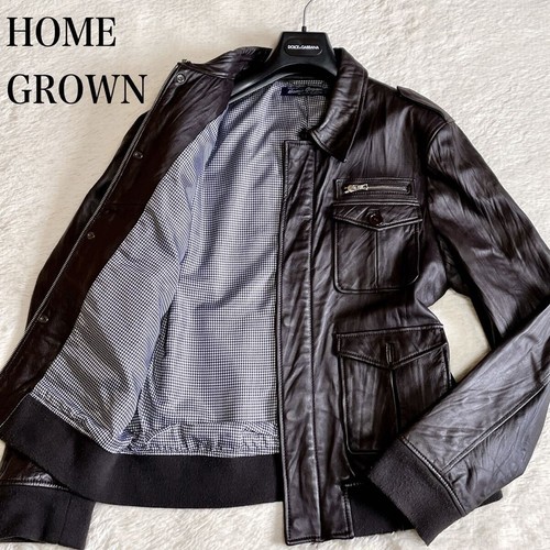 HOMEGROWN Sheep Leather Rider Jacket Dark Brown L AB Houndstooth Inner ...