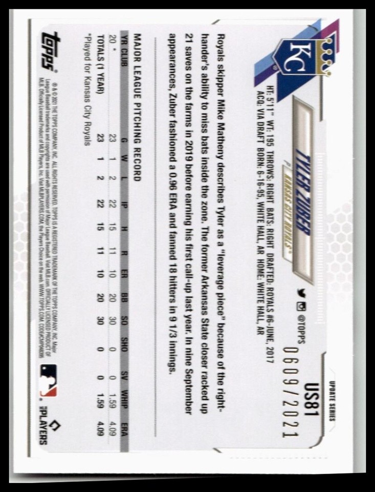 2021 Topps Update #US81 Tyler Zuber Kansas City Royals Gold Border ...