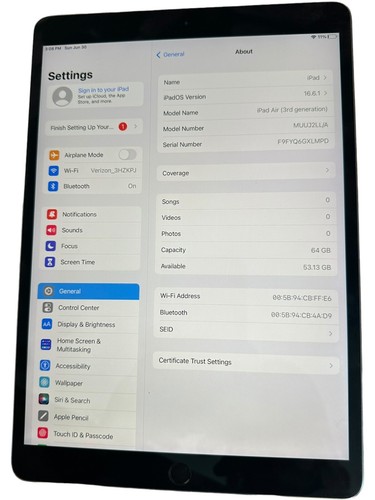 Apple iPad Air 3rd Gen A2152 10.5" 64GB Tablet Wi-Fi Only "space Grey ...