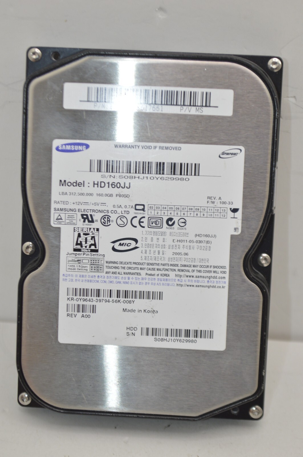 Samsung HD160JJ/P REV.A FW:ZM100-34 (P/V FS) 160gb 3.5" Sata Hard Drive ...