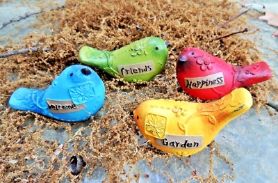 4 BEAUTIFUL MULTI COLORED SPRING BIRDS w/ WORDS 4" RESIN FAIRY GARDEN ...
