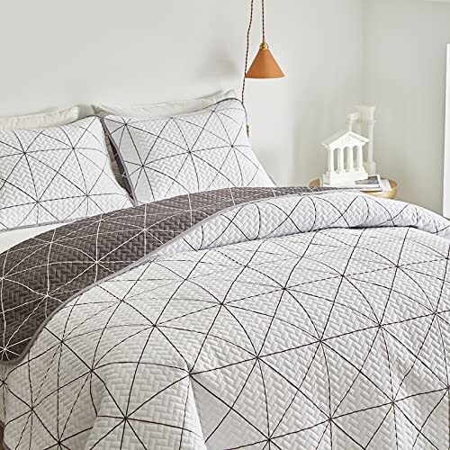 3 Piece Reversible Quilt Set Plaid White & Gray Queen Full Size 88x88 ...