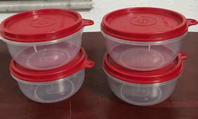 Tupperware Snack Bowls Ideal Storage 4pc Set Clear Containers w/ Red ...