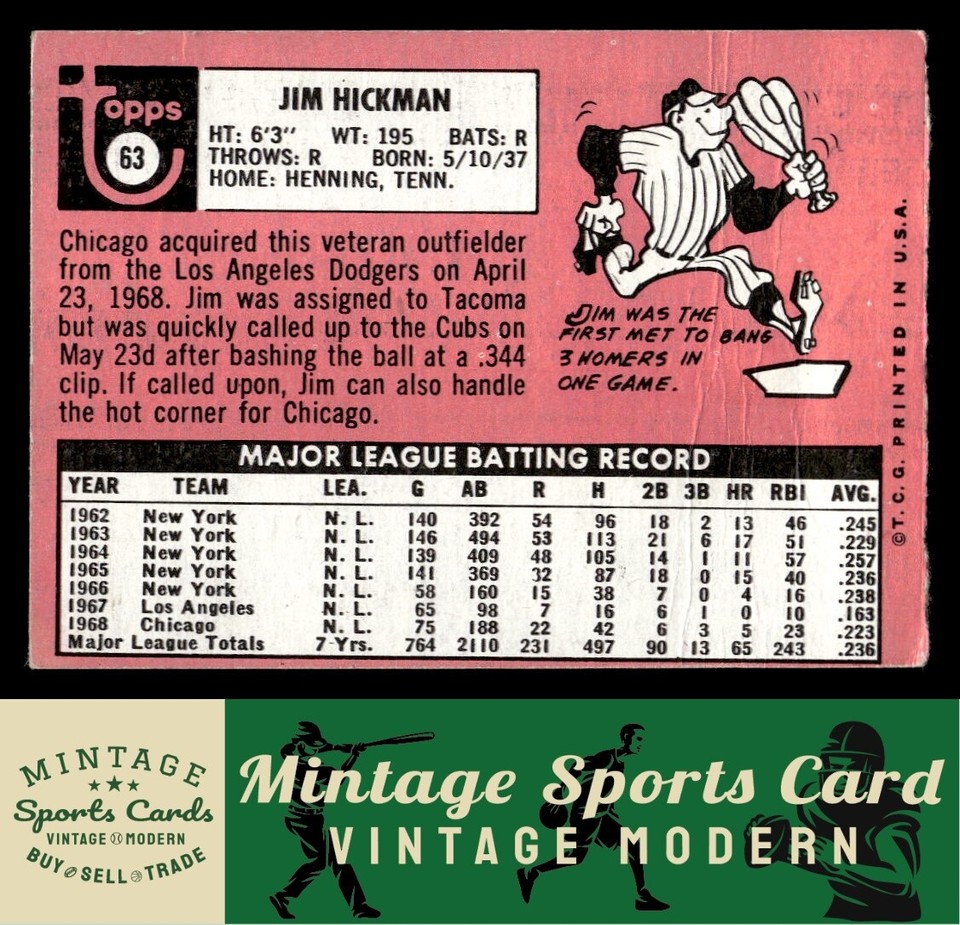 1969 Topps - Jim Hickman - #63 Chicago Cubs GD+/VG | eBay
