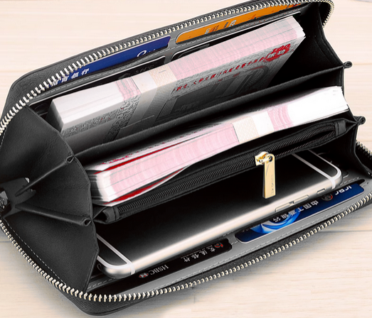 Septwolves men cow leather wallet purse zip bag Clutch pocket black ...
