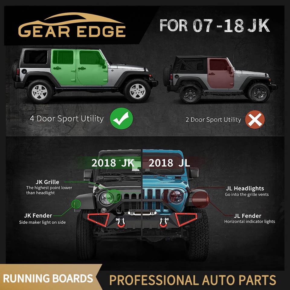 Running Boards for 2007-2018 Jeep Wrangler JK JKU 4 Door Drop Side Step ...