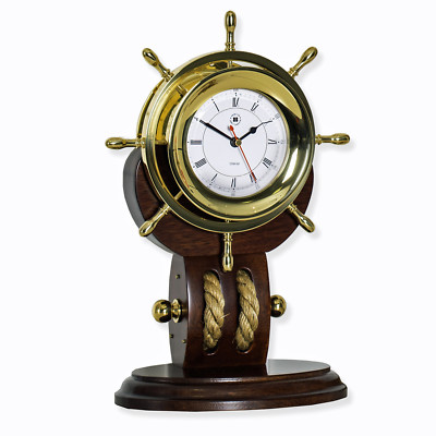 BRASS SHIPS WHEEL MANTEL CLOCK WITH ROPE ON TEAK WOOD BASE - NAUTICAL ...