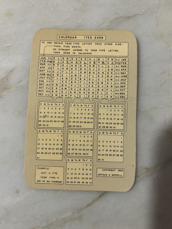 NEAT LITTLE OLD VTG (1952) PERPETUAL CALENDAR / BOOKMARK (FROM POPULAR ...