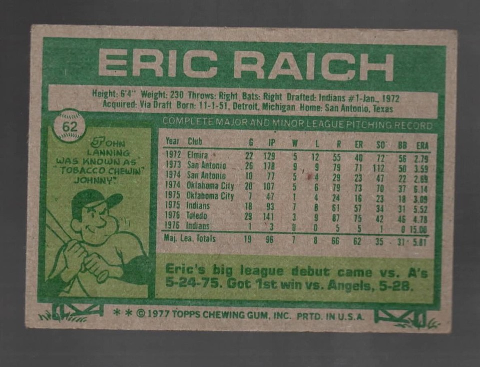 1977 Topps Eric Raich Cleveland Indians #62 Excellent | eBay