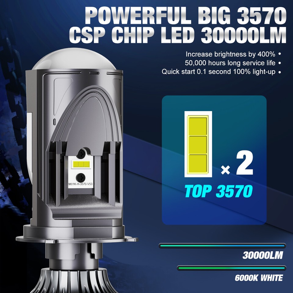 2Pcs H4 Mini Bi-LED Projector Lens LED Headlight Hi-Lo 30000LM 130W ...