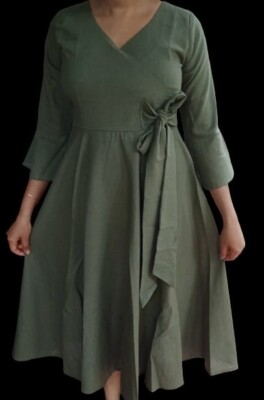 women Three quarter frock fabric linen dark green colour frock. | eBay