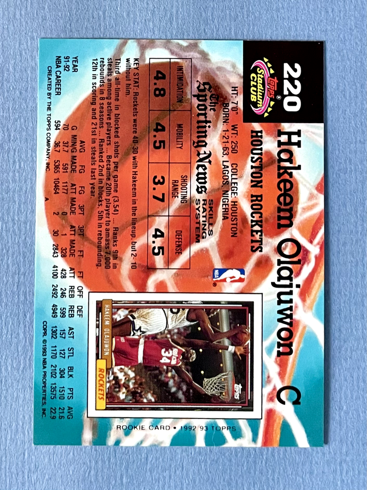 1992-93 Topps Stadium Club Hakeem Olajuwon #220 Rockets HOF MVP | eBay