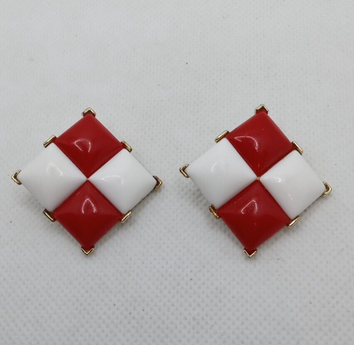 Vintage Kramer Red White Lucite Checkerboard Clip-On Earrings Signed | eBay