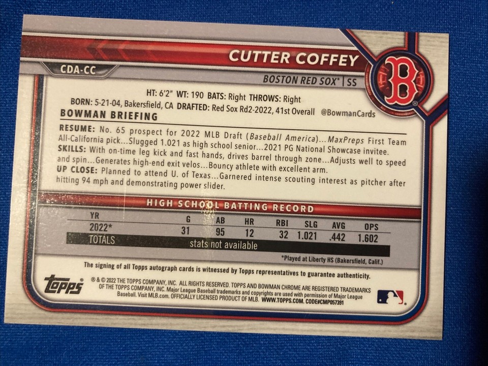 2022 Bowman Draft Chrome 1st Cutter Coffey Auto #CDA-CC Red Sox /Blue ...