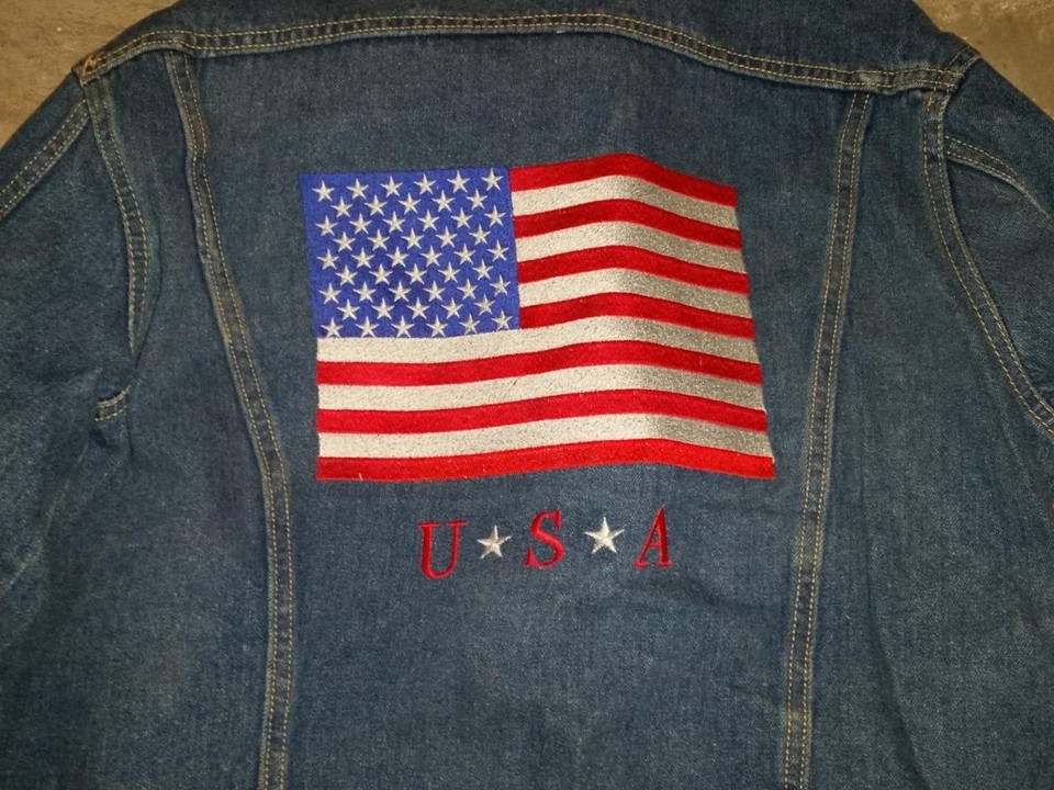 Top Line Jean Jacket American Flag USA Embroidered Back Large Used | eBay