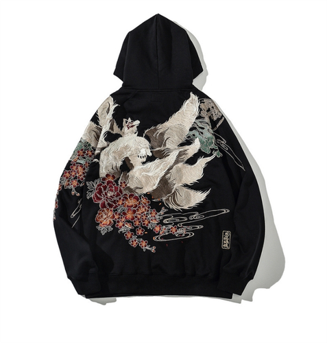 Myth Nine Tailed Fox Fashion Hoodie Embroidery Black Hoodie Pullover ...