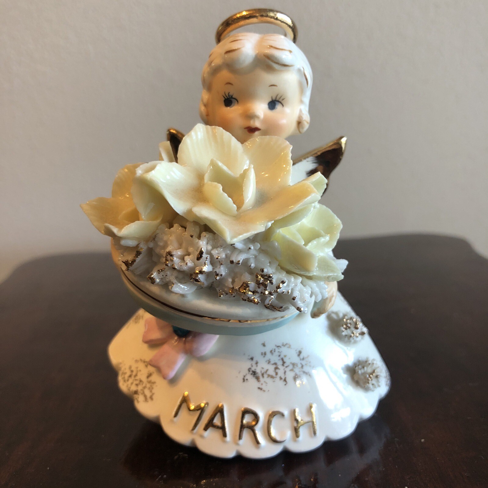 Lefton March Birthday Angel Figurine Daffodil Aquamarine 489 Vintage | eBay