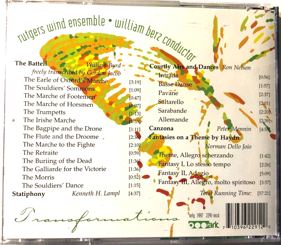 Transformations by Rutgers Wind Ensemble William Berz CD 1997) Wm Byrd ...