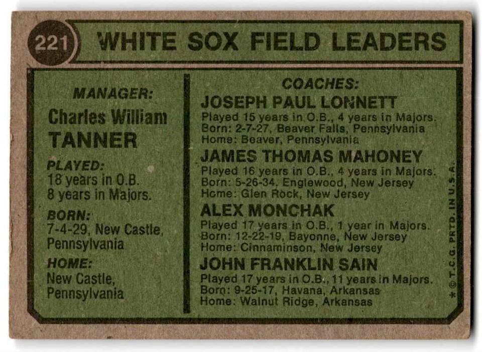 1974 Topps Chuck Tanner/Jim Mahoney/Alex Monchak/Johnny Sain/Joe ...