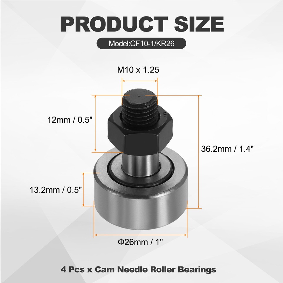 4 Pcs CF10-1/KR26 Cam Follower Bearing 26 mm Roller Dia Bearings ...