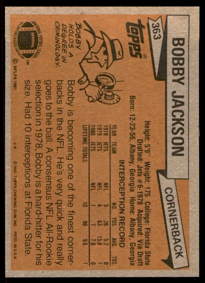 1981 TOPPS BOBBY JACKSON . NEW YORK JETS #363 | eBay