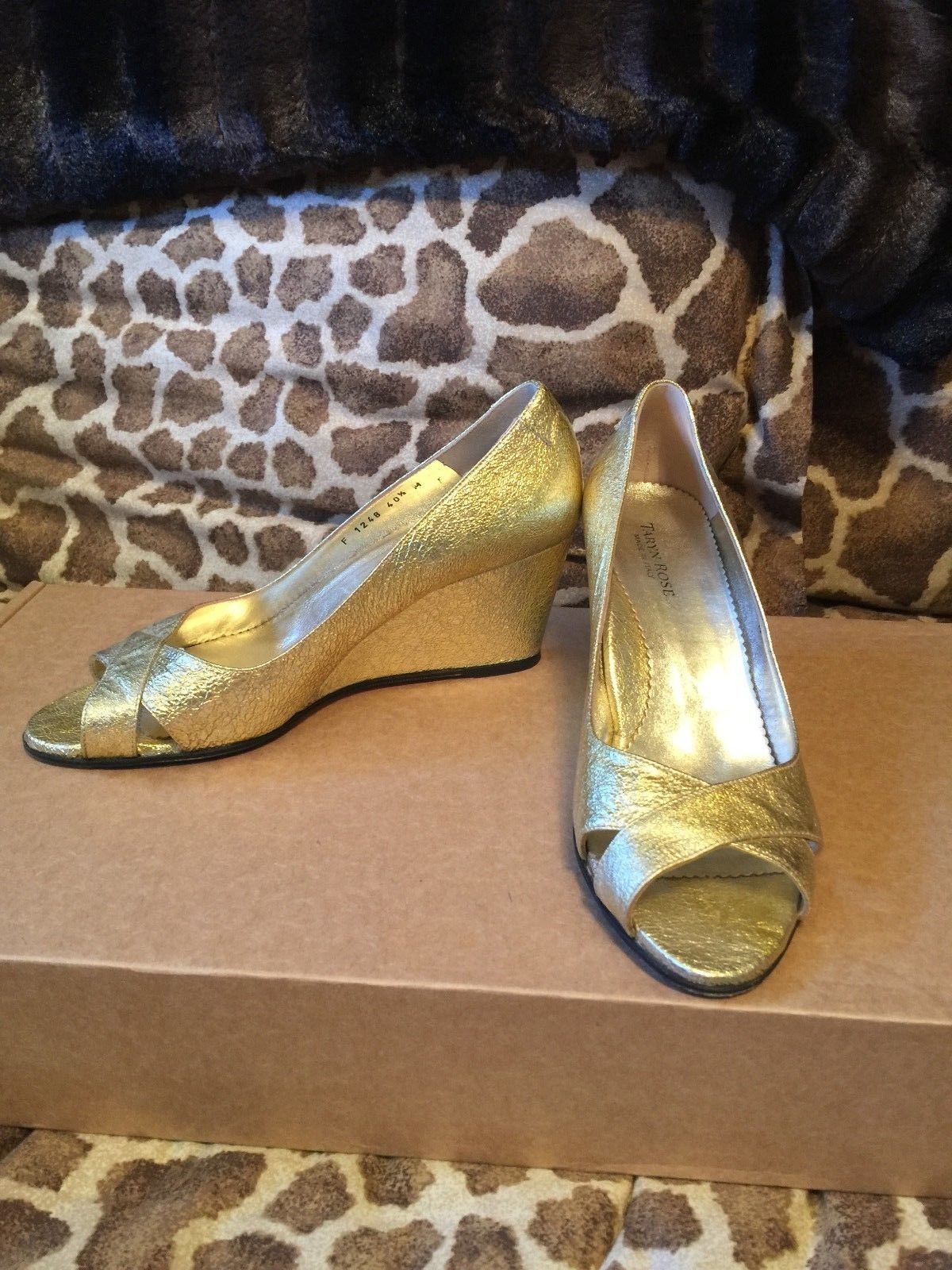 TARYN ROSE Bright Gold Crinkled Leather Open Toe Wedg… - Gem