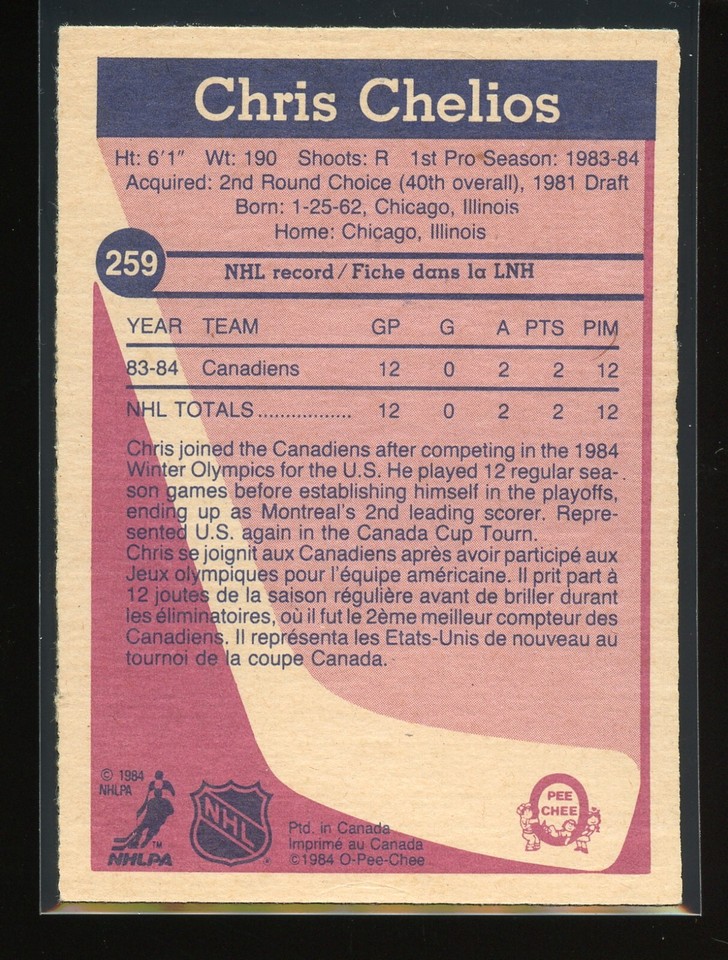 Chris Chelios RC 1984-85 O-Pee-Chee #259 OPC Rookie NHL Montréal EX | eBay