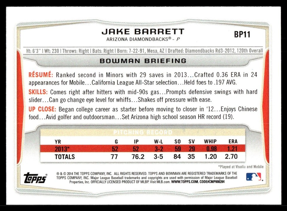 2014 Bowman Prospects Jake Barrett Auto Arizona Diamondbacks #BP11 ...