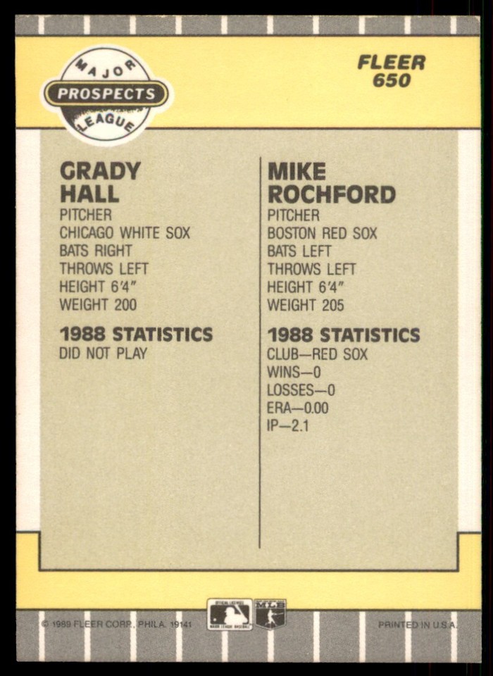 1989 FLEER GRADY HALL/MIKE ROCHFORD CHICAGO WHITE SOX/BOSTON RED SOX ...