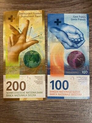Switzerland 100 + 200 Francs Banknote. 2 bills 100-200 CHF Circulated ...