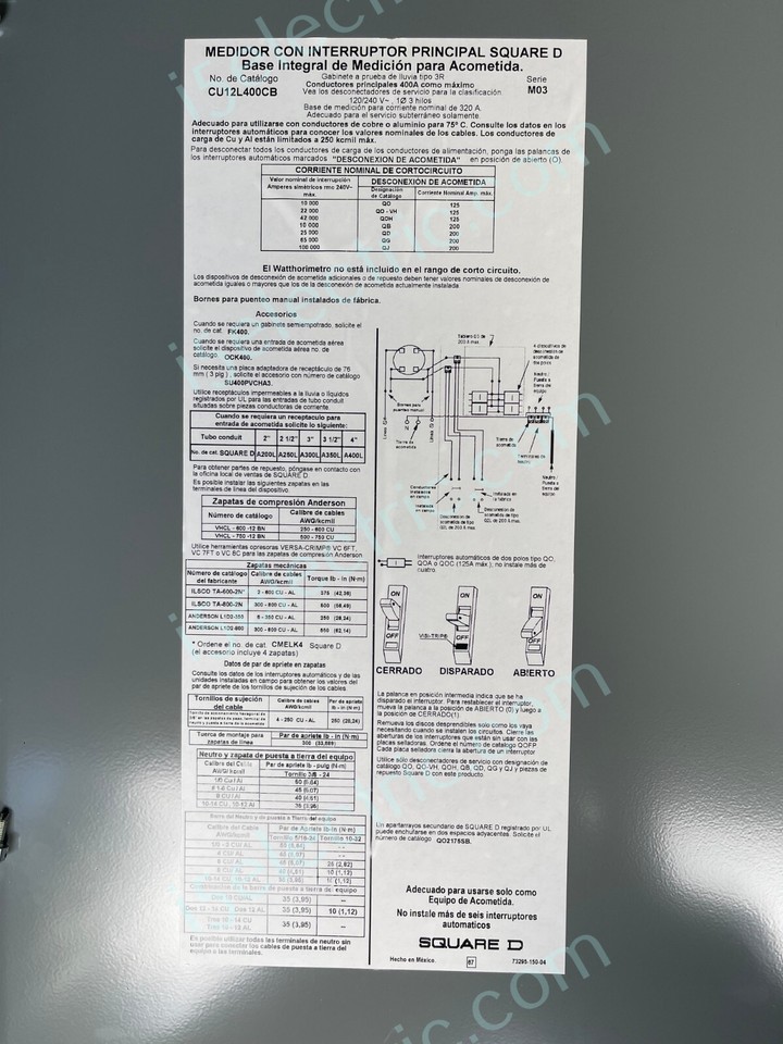 Square D 400 / 320 Amp Meter Main Combo Socket CU12L400CB 12 Spaces 6 ...