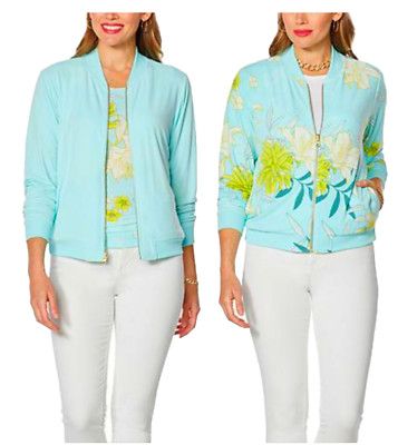 NEW IMAN PLUS SZ 5X Reversible Stretch Knit Bomber FLORAL Jacket Blue ...