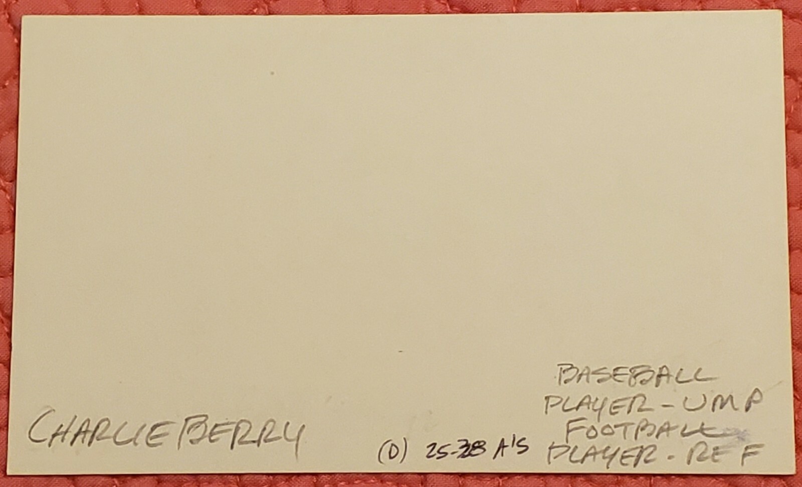 Charlie Berry signed auto 3x5 card MLB AL Umpire NFL (d.72) College FB ...