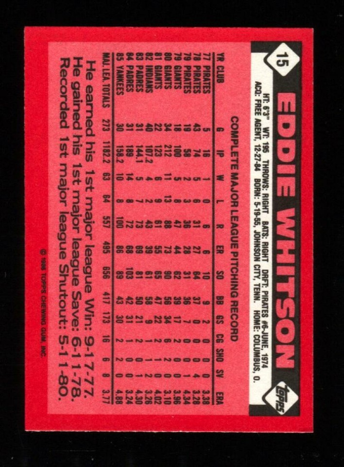 1986 Topps Tiffany #15 Ed Whitson NM-MT Yankees | eBay
