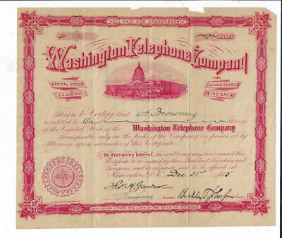 WASHINGTON DC 1885 Washington Telephone Company Stock Certificate RARE ...