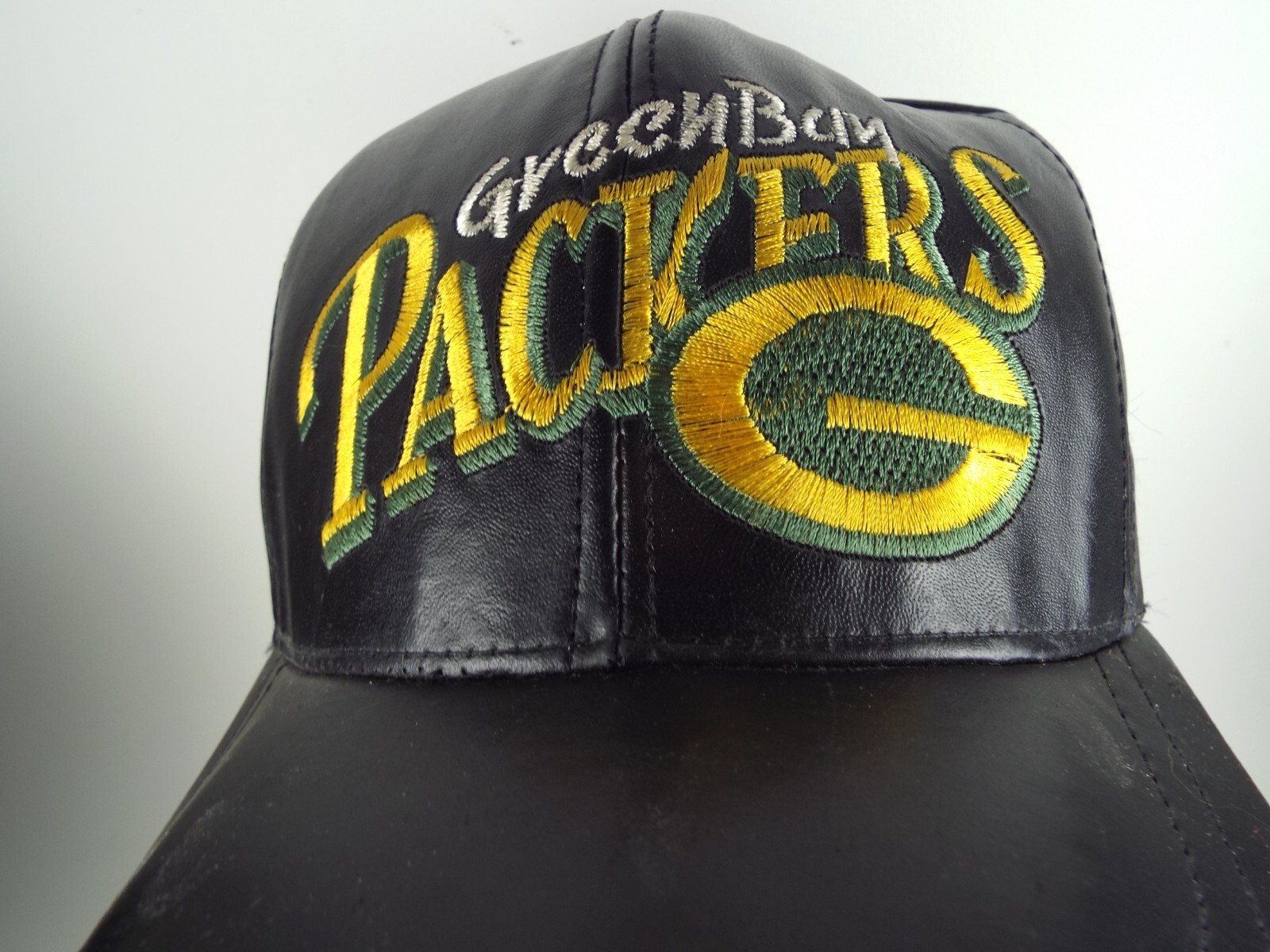 Green Bay Packer Cap Hat Black Leather NFL Adjustable Football Snapback ...