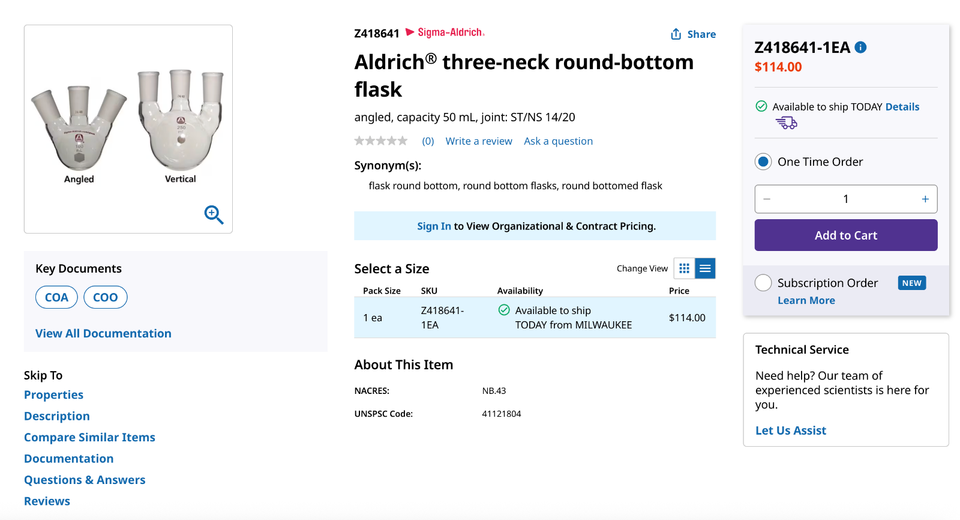 SIGMA-ALDRICH Glass 50mL 14/20 3-Neck Angled Round Bottom Flask -NEW IN ...