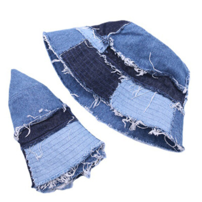 Men Lady Denim Bucket Hat Fisherman Cap Distressed Splice Two Tone ...