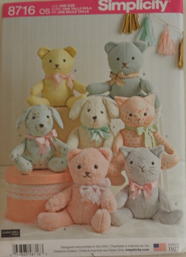 Sweet Stuffed Animals Cat Dog Bear Simplicity 8716 Uncut Sewing Pattern ...