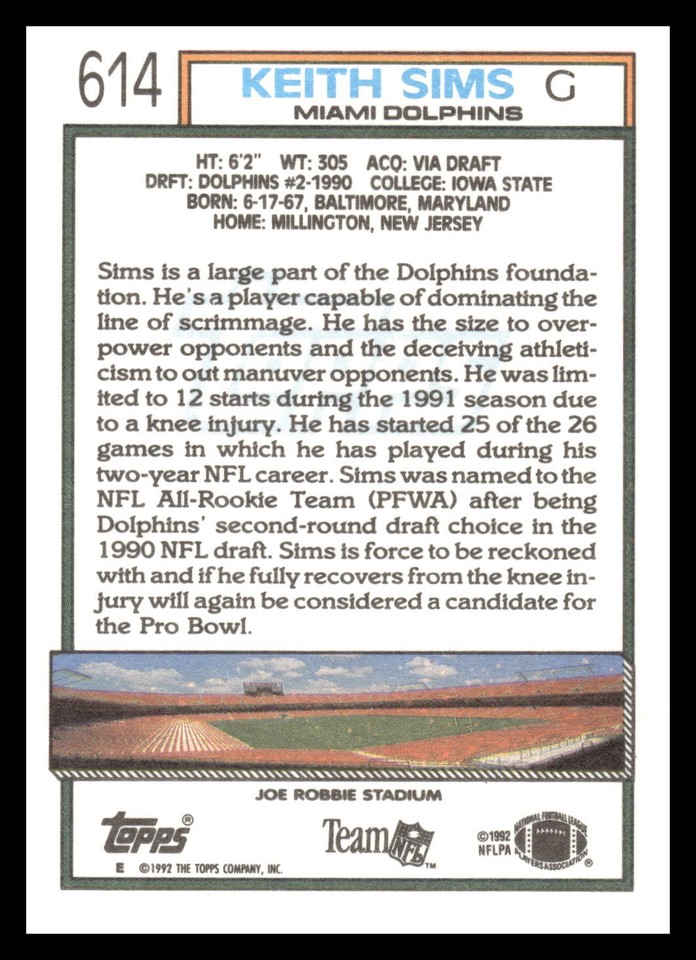 1992 Topps #614 Keith Sims Miami Dolphins Football Card EX/NM | eBay