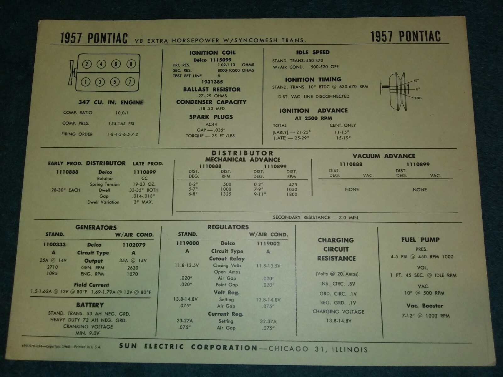 1957 PONTIAC 347 V-8 ENGINE SUN TUNE-UP CHART / SPECIAL EXTRA ...