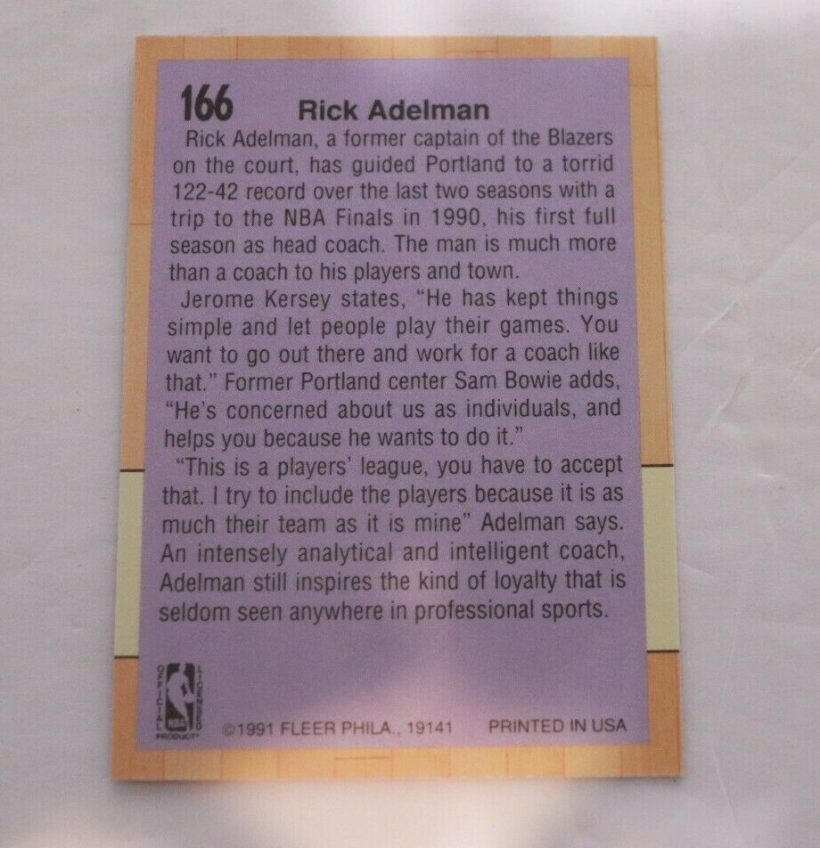 1991-92 Fleer Rick Adelman Portland Trail Blazers #166 | eBay