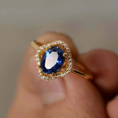2Ct Oval Cut Lab Created Sapphire Engagement Woman's Ring 14K Yellow ...