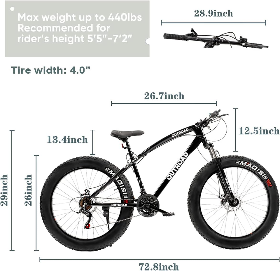 Outroad Fat Tire Mountain Bike with 26 Inch Wheels, 21 Speed with High ...