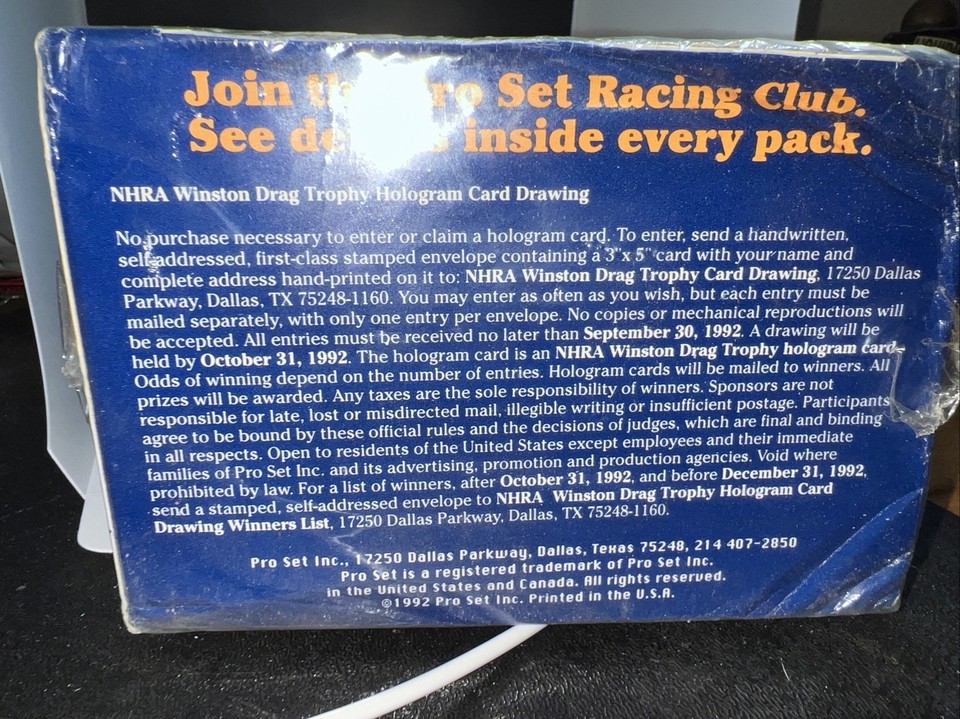1992 PRO SET NHRA WINSTON DRAG RACING WAX BOX , FACTORY SEALED CONTAINS ...