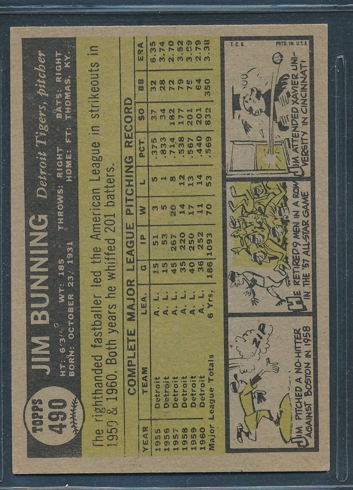 1961 Topps #490: JIM BUNNING Detroit Tigers Perfectly Centered ~ NM to ...