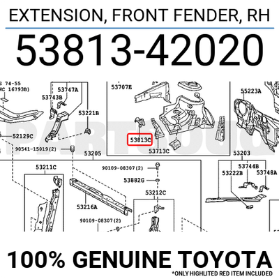 5381342020 Genuine Toyota EXTENSION, FRONT FENDER, RH 53813-42020 | eBay