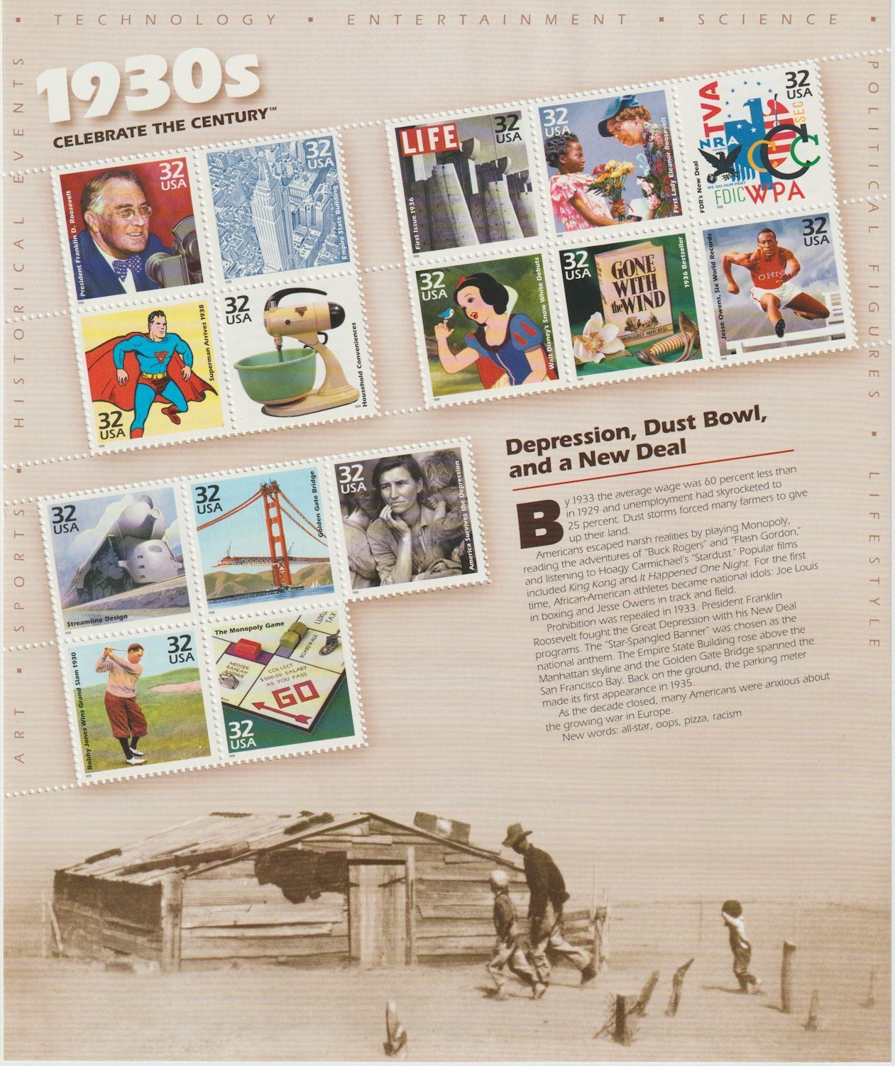 US #3185 MNH M/S 1998 Celebrate the Century 1930s Superman FDR Owens ...