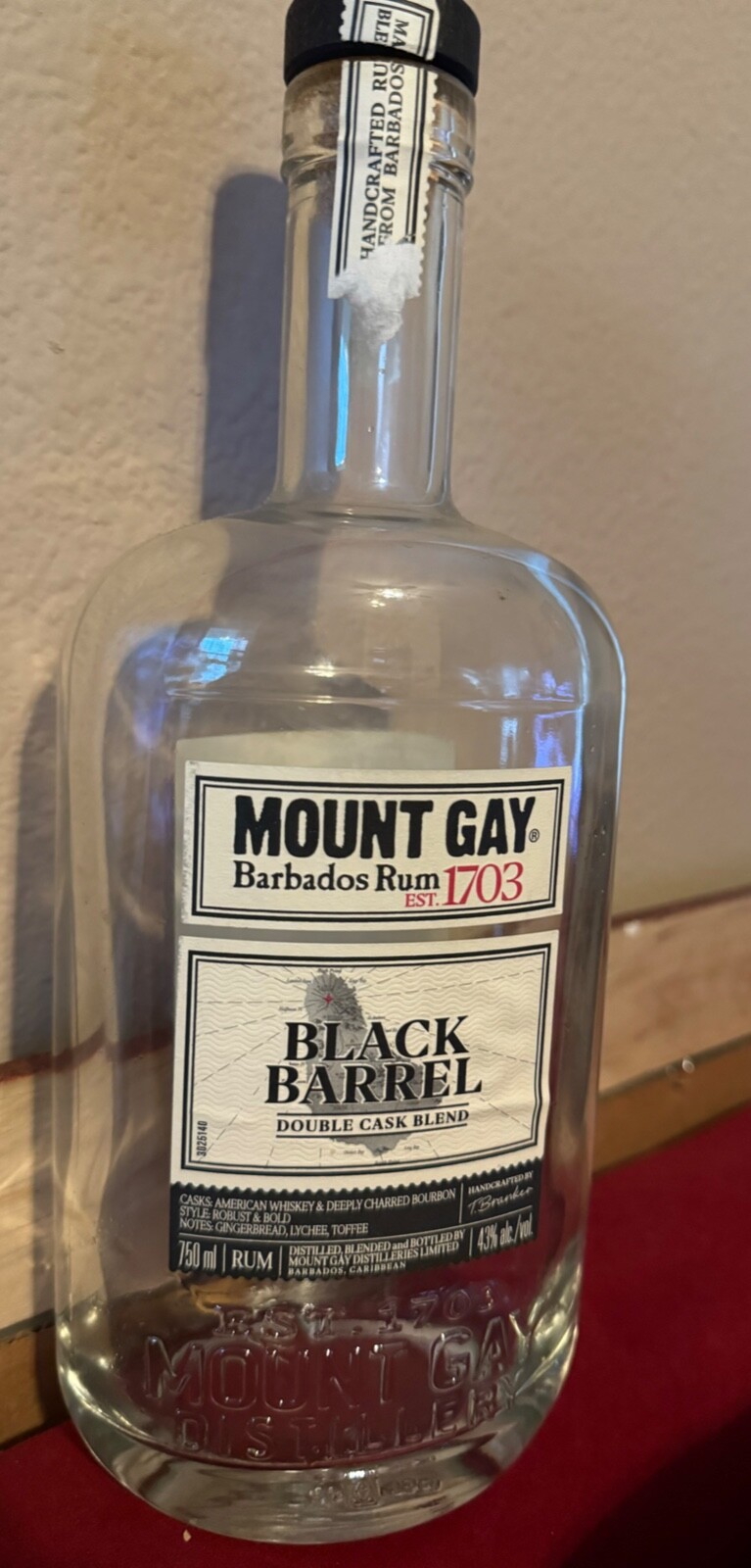 Barbados Rum Mount Gay Black Barrel empty liquor bottle w cork 750ml ...